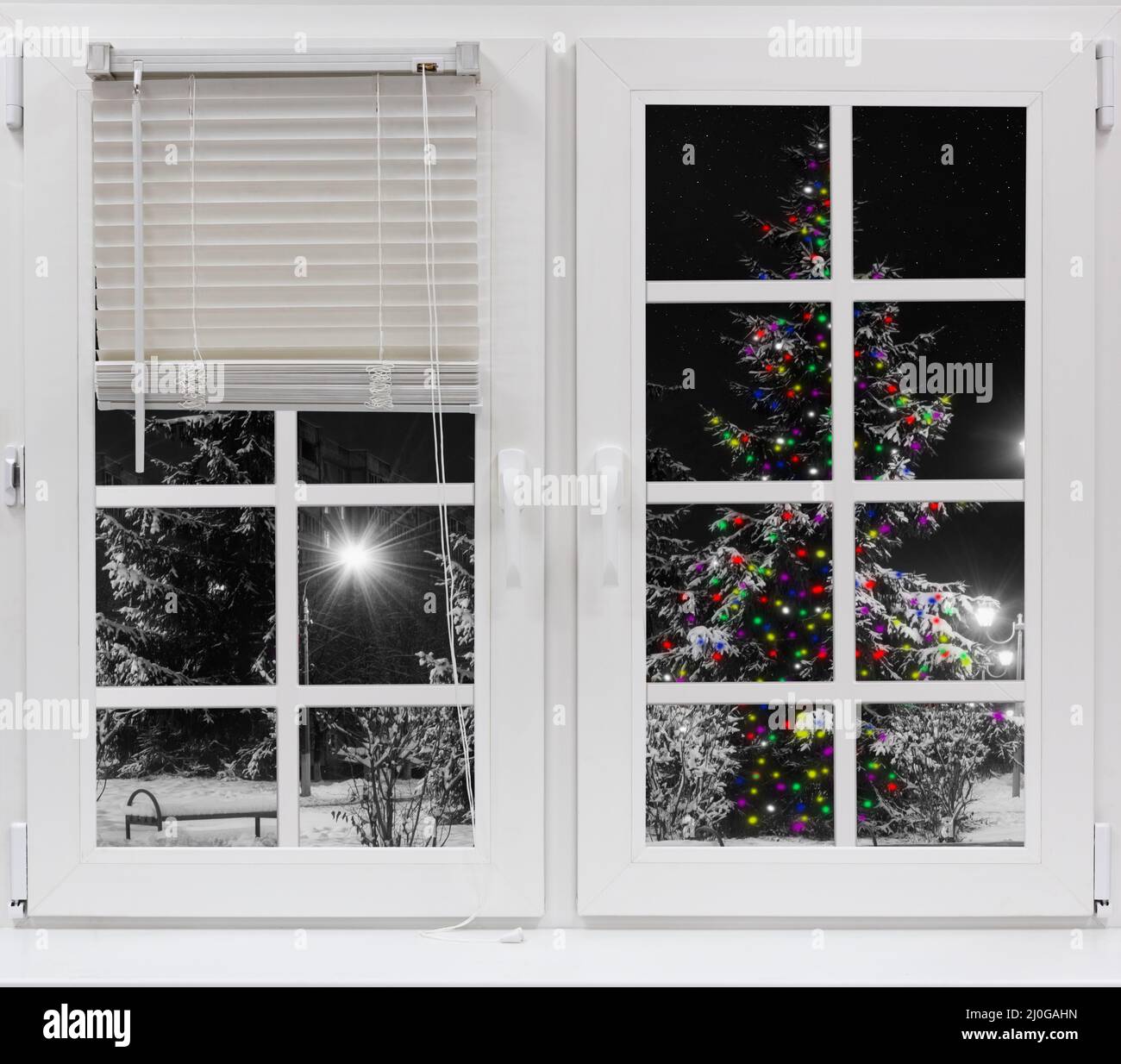 Winter night outside the window Stock Photo - Alamy