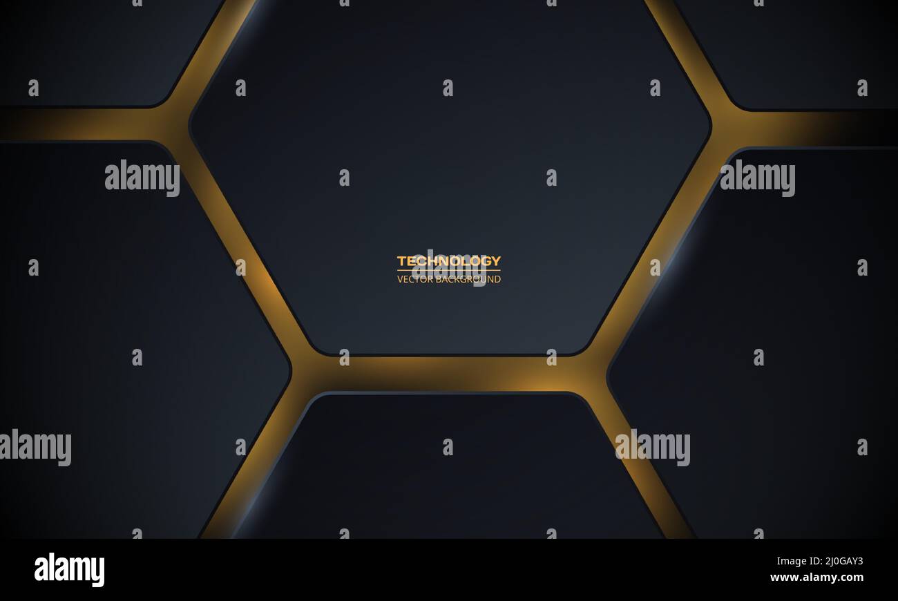 Black 3d hexagonal technology vector abstract background. Gold bright energy flashes under ...