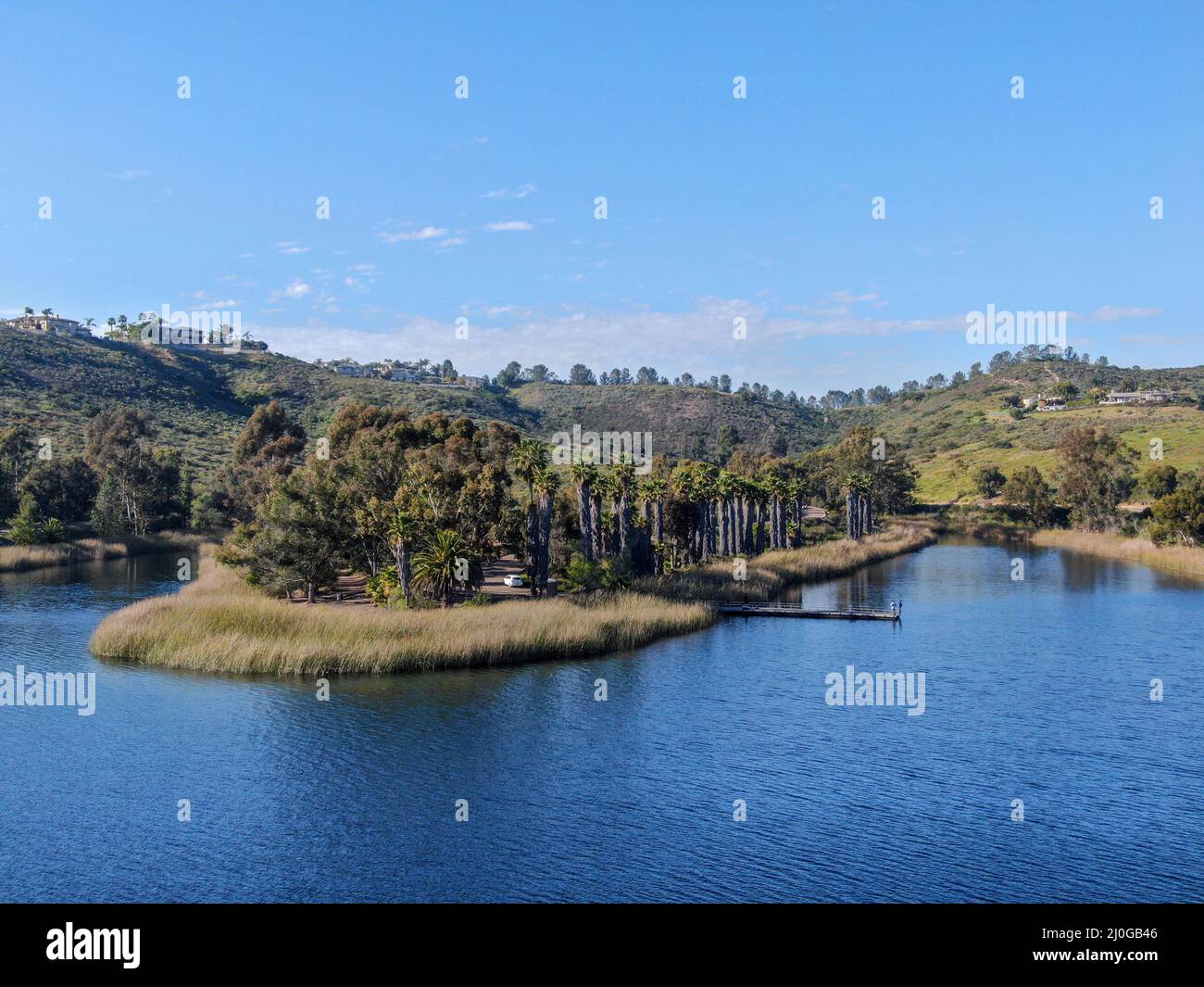Aerial view of Miramar reservoir in the Scripps Miramar Ranch community ...