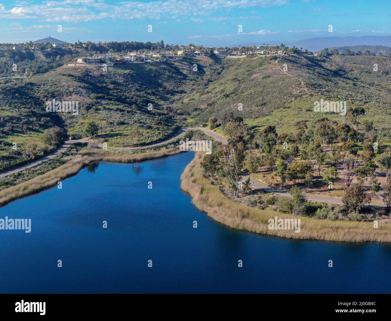 Aerial view of Miramar reservoir in the Scripps Miramar Ranch community ...