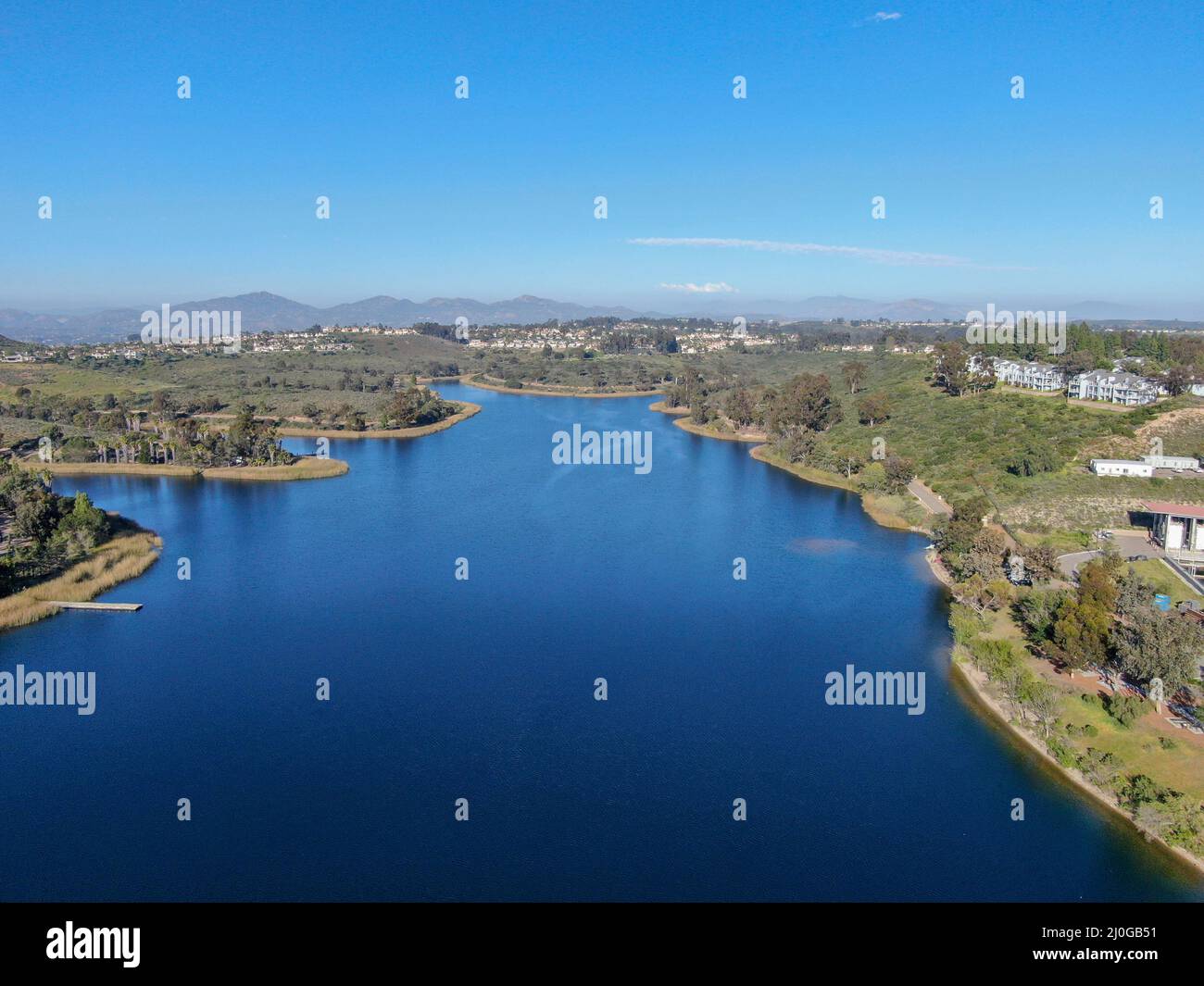 Aerial view of Miramar reservoir in the Scripps Miramar Ranch community ...