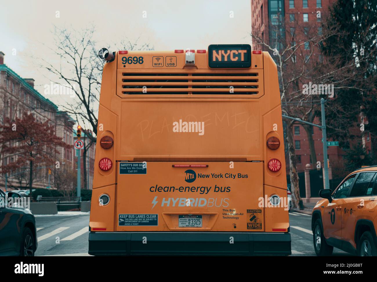 NYC MTA bus with the words "Plandemic" written on it Stock Photo - Alamy