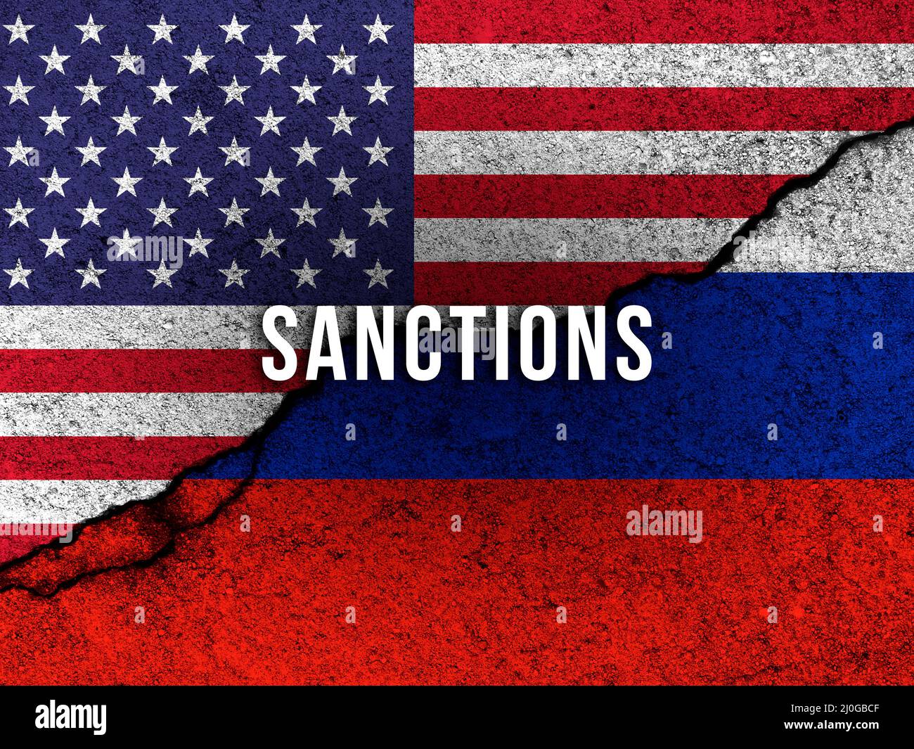 USA sanctions against Russia concept background with country flags ...