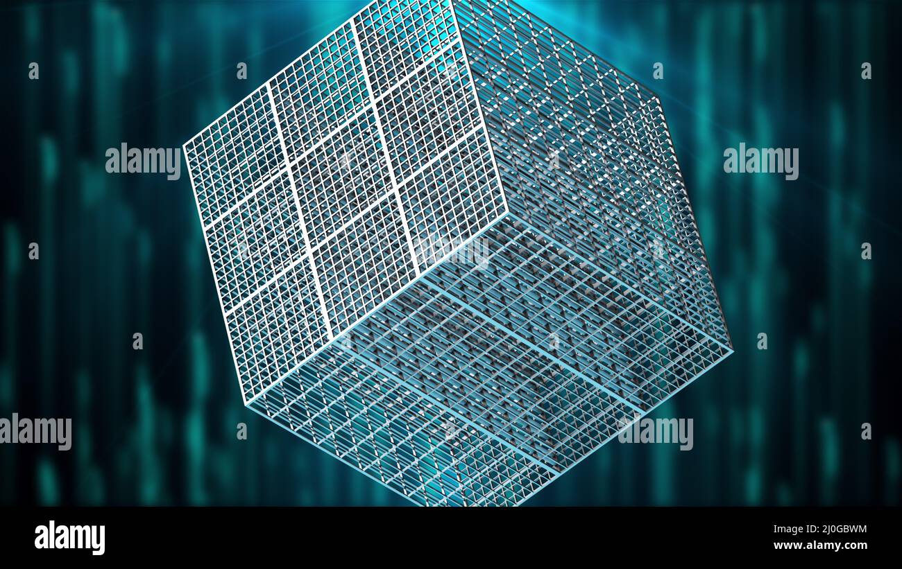 Large lattice cubes rotate in spece, 3d rendering abstract complicated ...