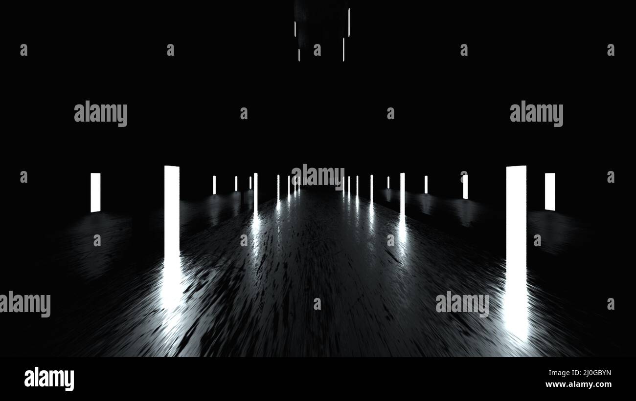 Black mirror space with slippery floor and a row of lights, computer ...