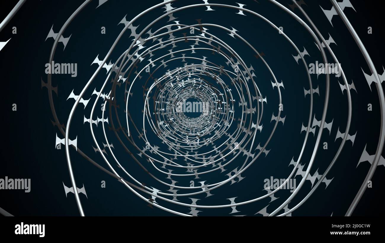 Computer generated background with barbed wire. 3d rendering spinning ...