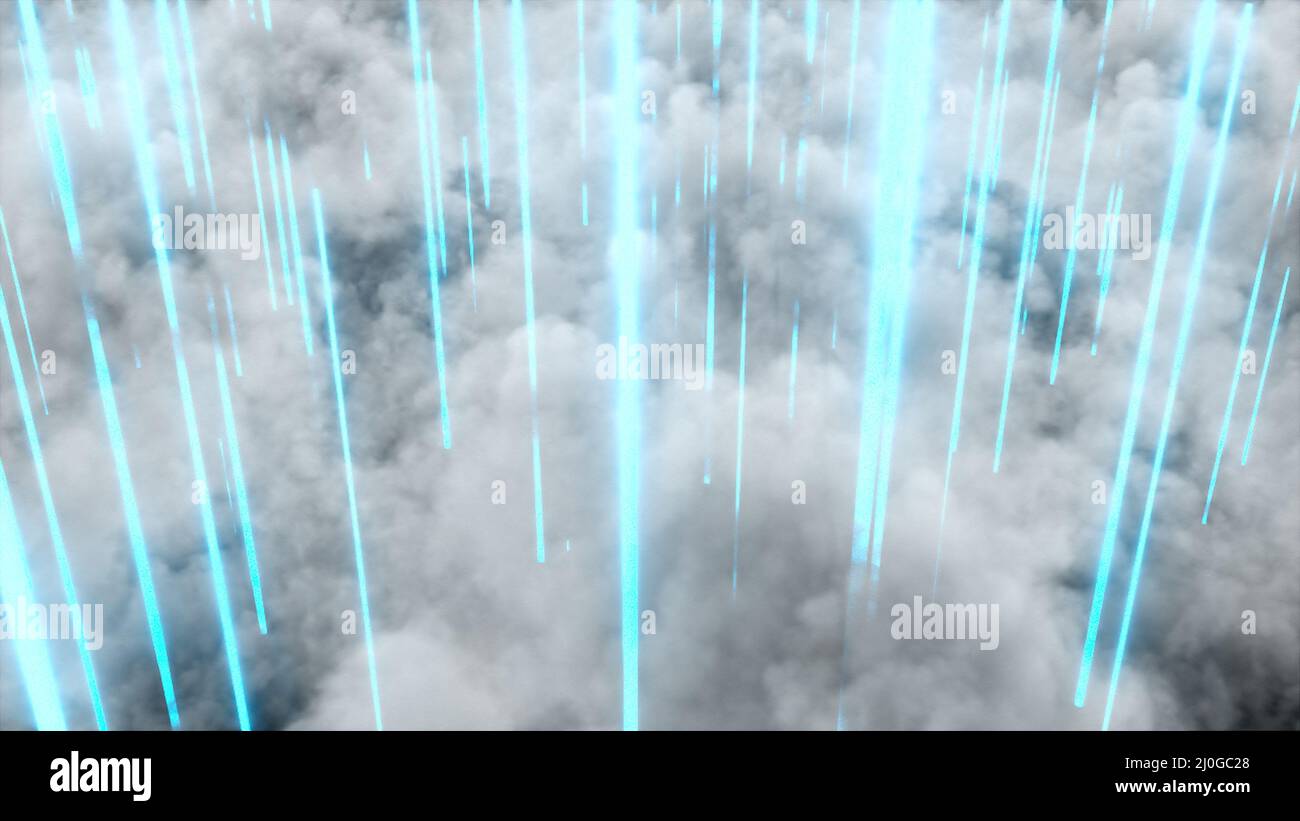 Cumulus dense clouds and neon direct rays, computer generated. View ...