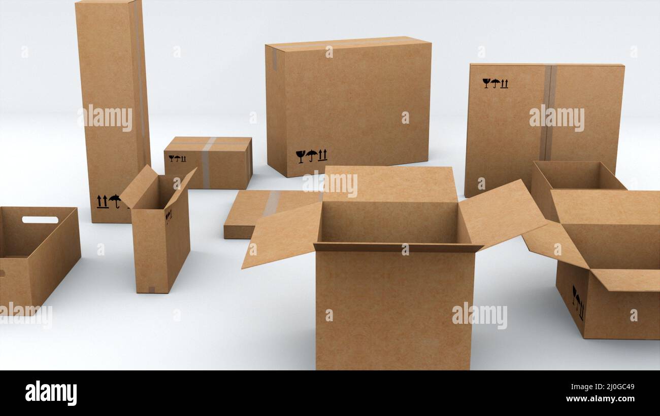 Cardboard box for sending various products, computer generated. The ...