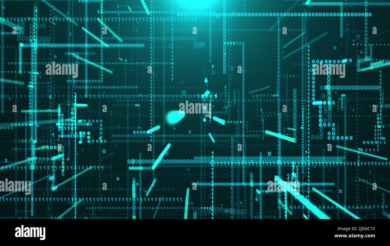 Flow of binary data, computer generated. 3d rendering of scientific ...