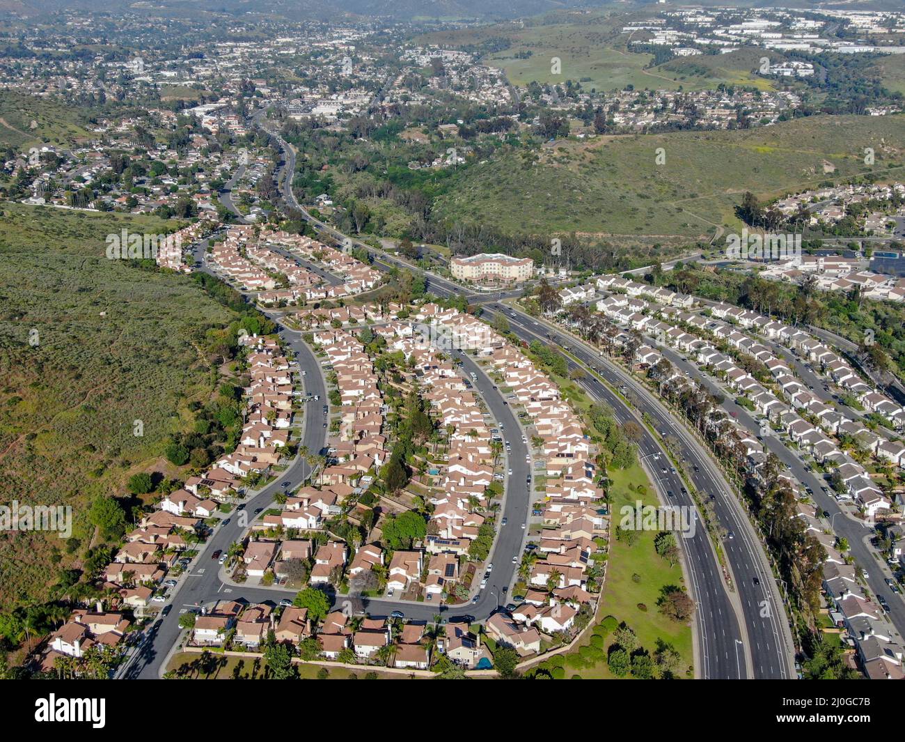 Aerial view of upper middle class neighborhood with big villas around ...