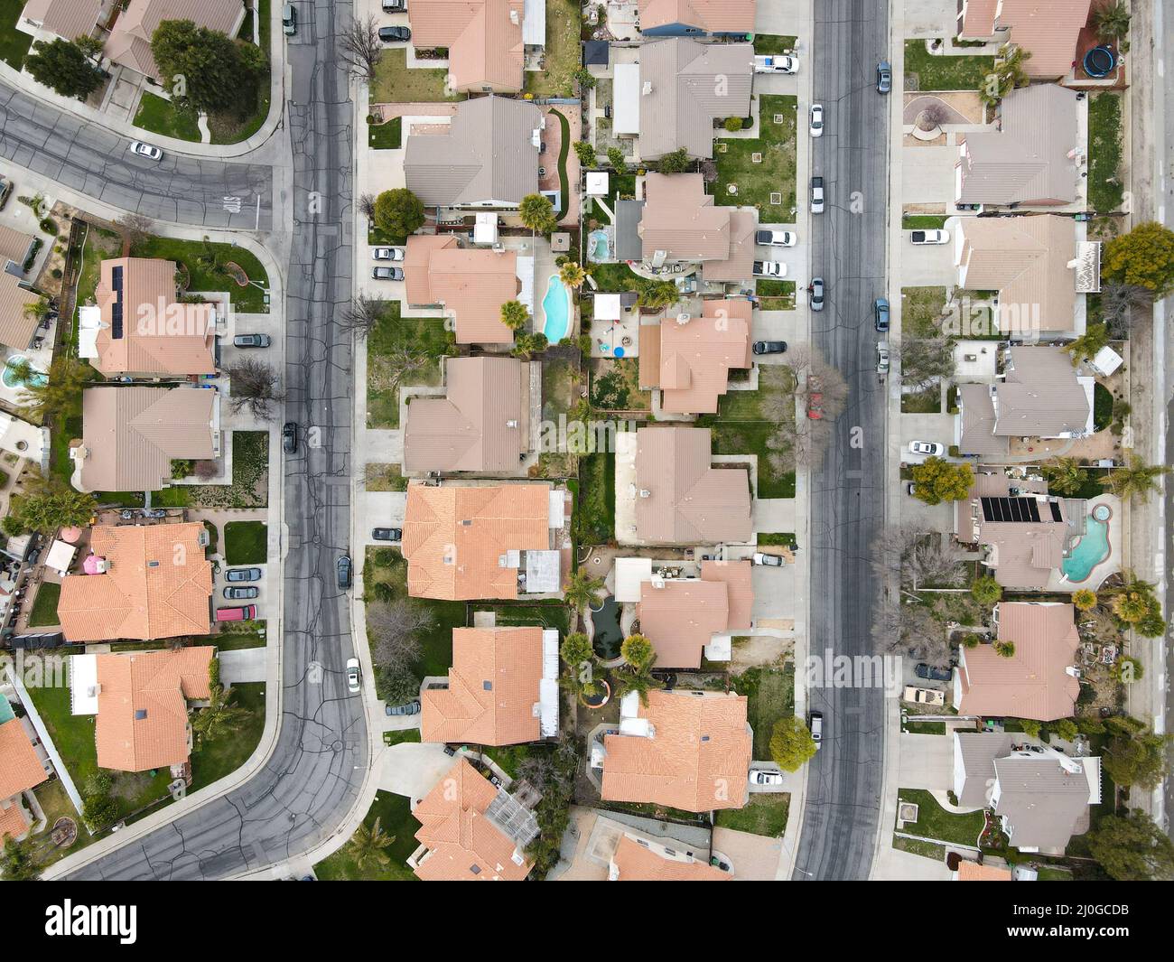 Aerial view of neighborhood in Hemet city in the San Jacinto Valley in ...