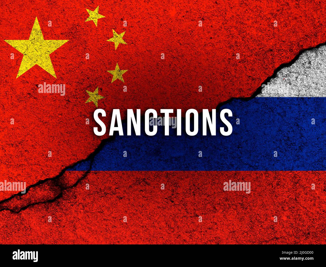 China sanctions against Russia. Country flags together painted on ...
