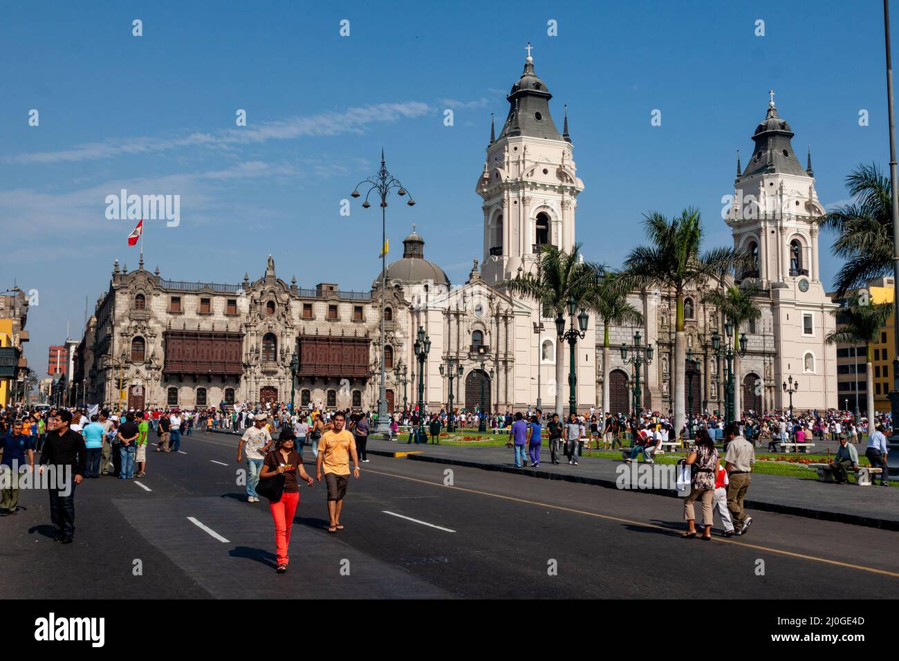 Low angle shot of a twin tower cathedral of Lima in Plaza de Armas ...
