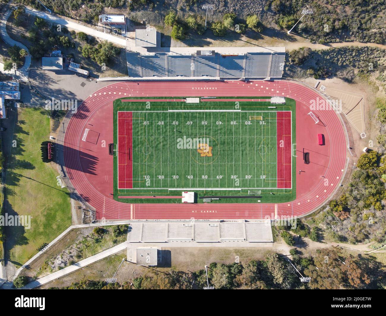 Aerial top view of American football field in San Diego, California ...