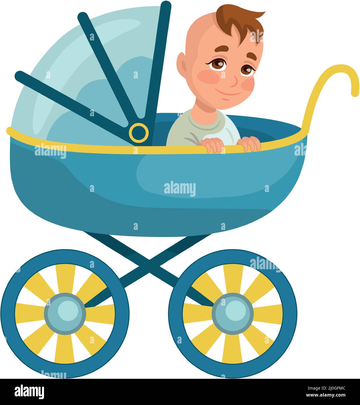 Baby boy in a blue stroller on a white background - Vector illustration ...