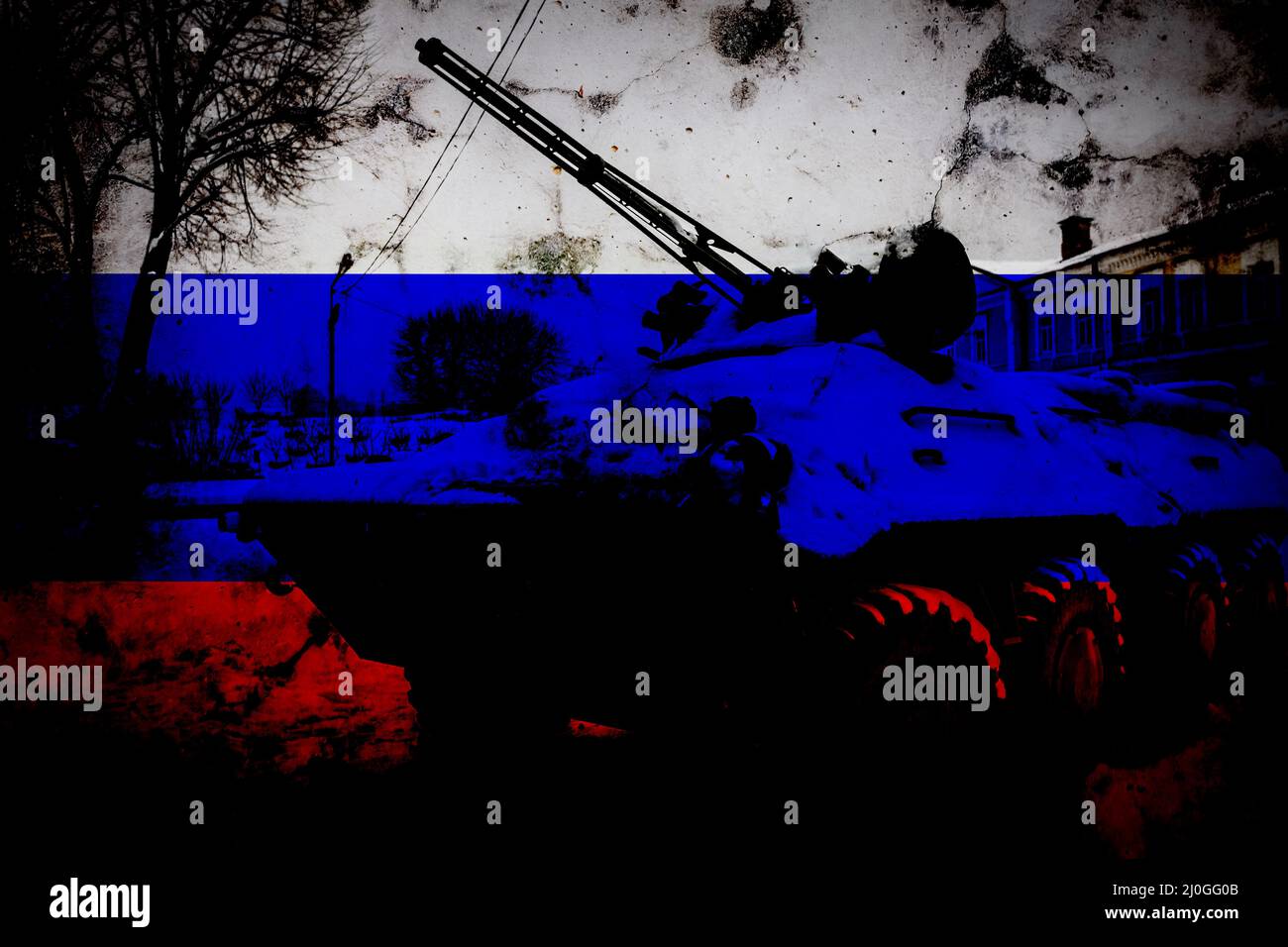 Tanks lined up in front of a russian flag. Several military army war ...