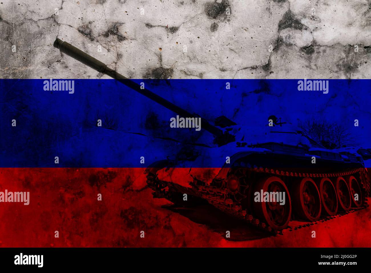 Tanks lined up in front of a russian flag. Several military army war ...