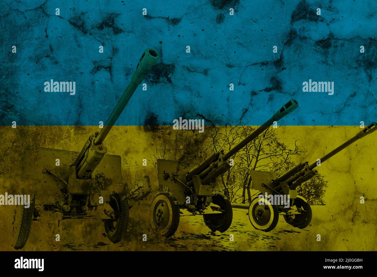 Tanks lined up in front of the Ukrainian flag. Several military army ...