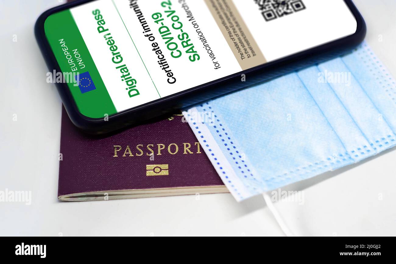 The digital green pass of the european union with the QR code on the ...