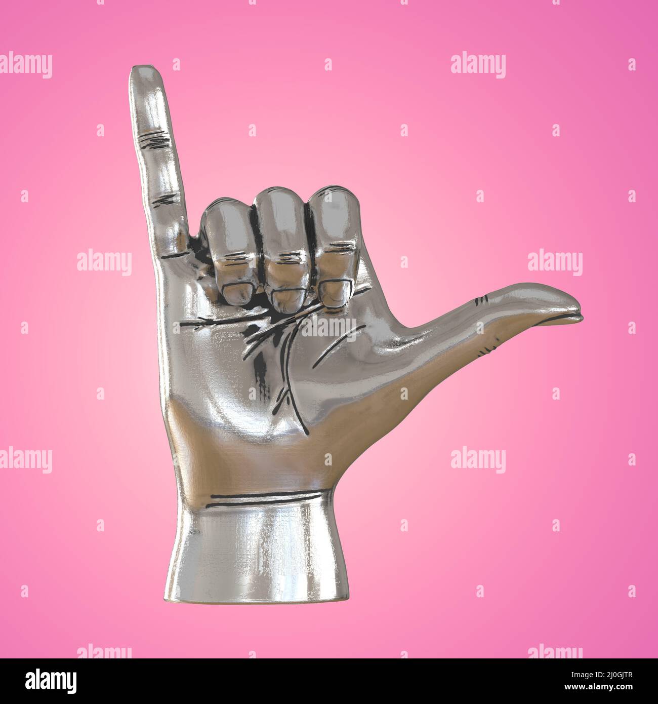 A decorative silvery hand with an extended thumb and pinky finger on a ...