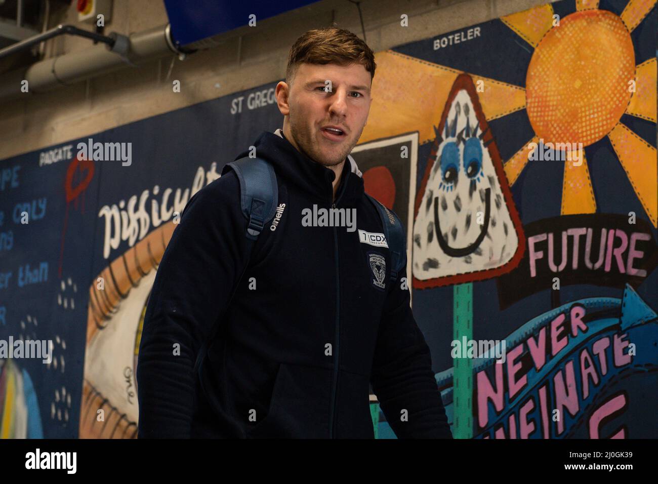 George Williams #7 of Warrington Wolves arrives at The Halliwell Jones ...