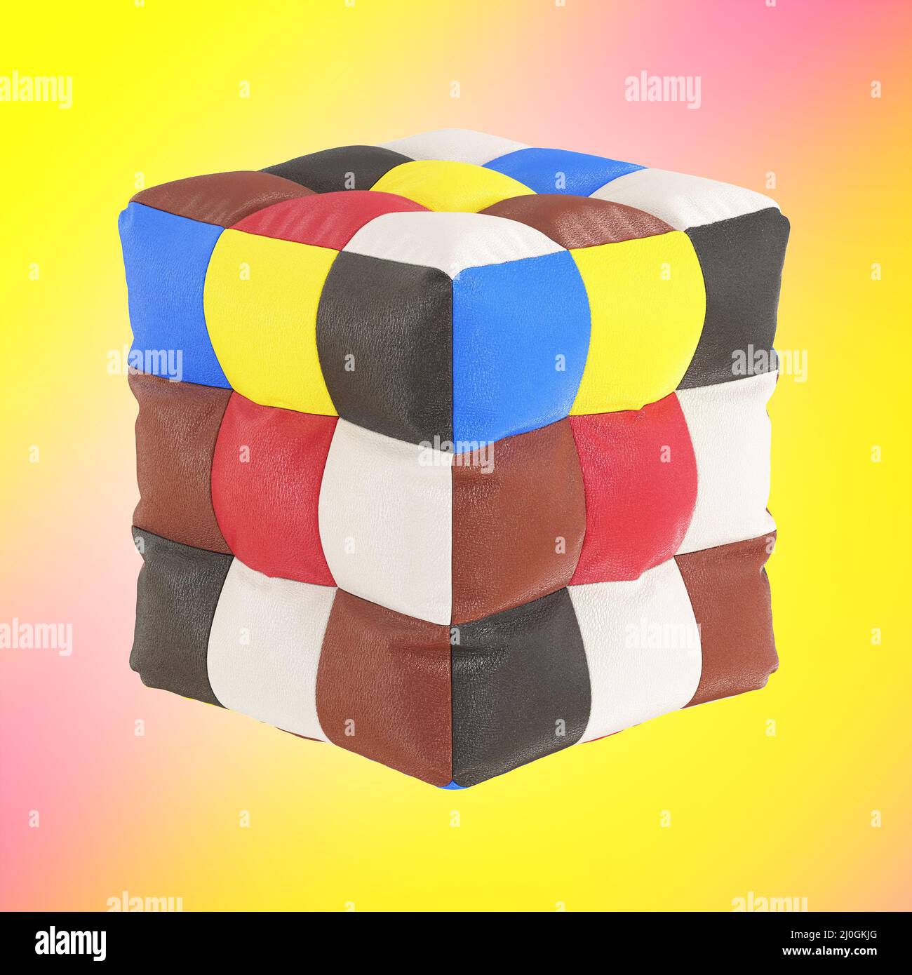 Leather pouf with a multicolor square pattern on an isolated background ...