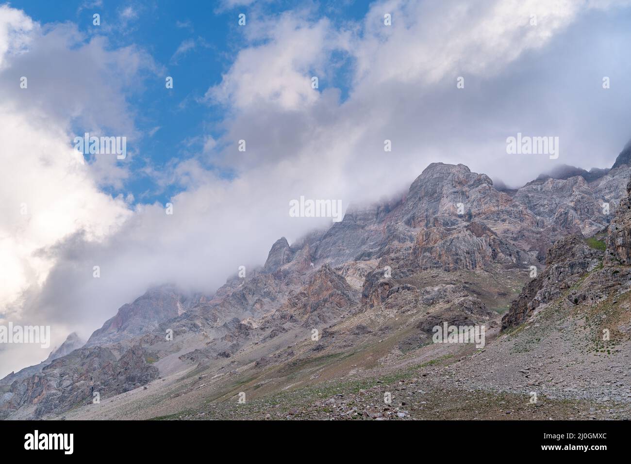 The beautiful view of blue sky and snow mountain summit near to Zmeya ...