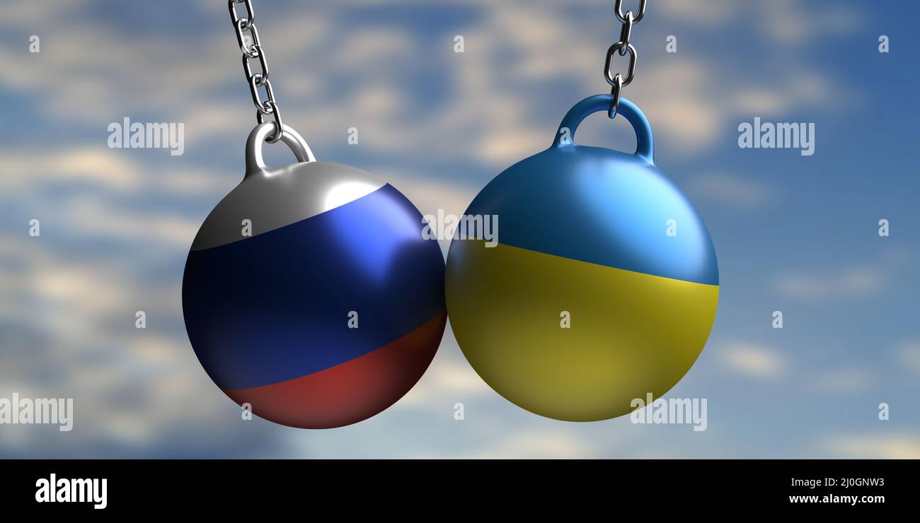 Russia vs Ukraine war. Russian and Ukrainian flag wrecking ball hitting ...