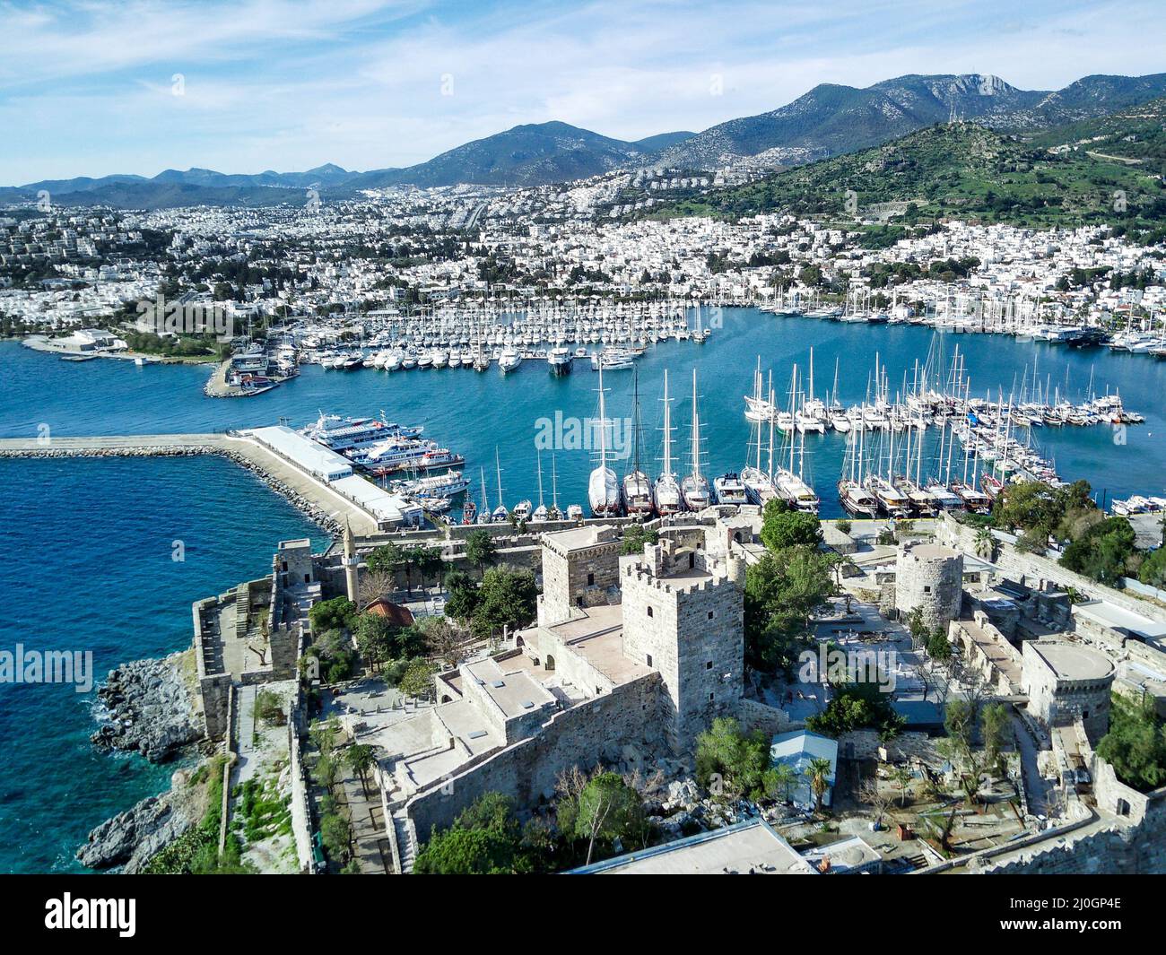 Amazing panoramic view from drone of Bodrum harbour and ancient Kalesi ...
