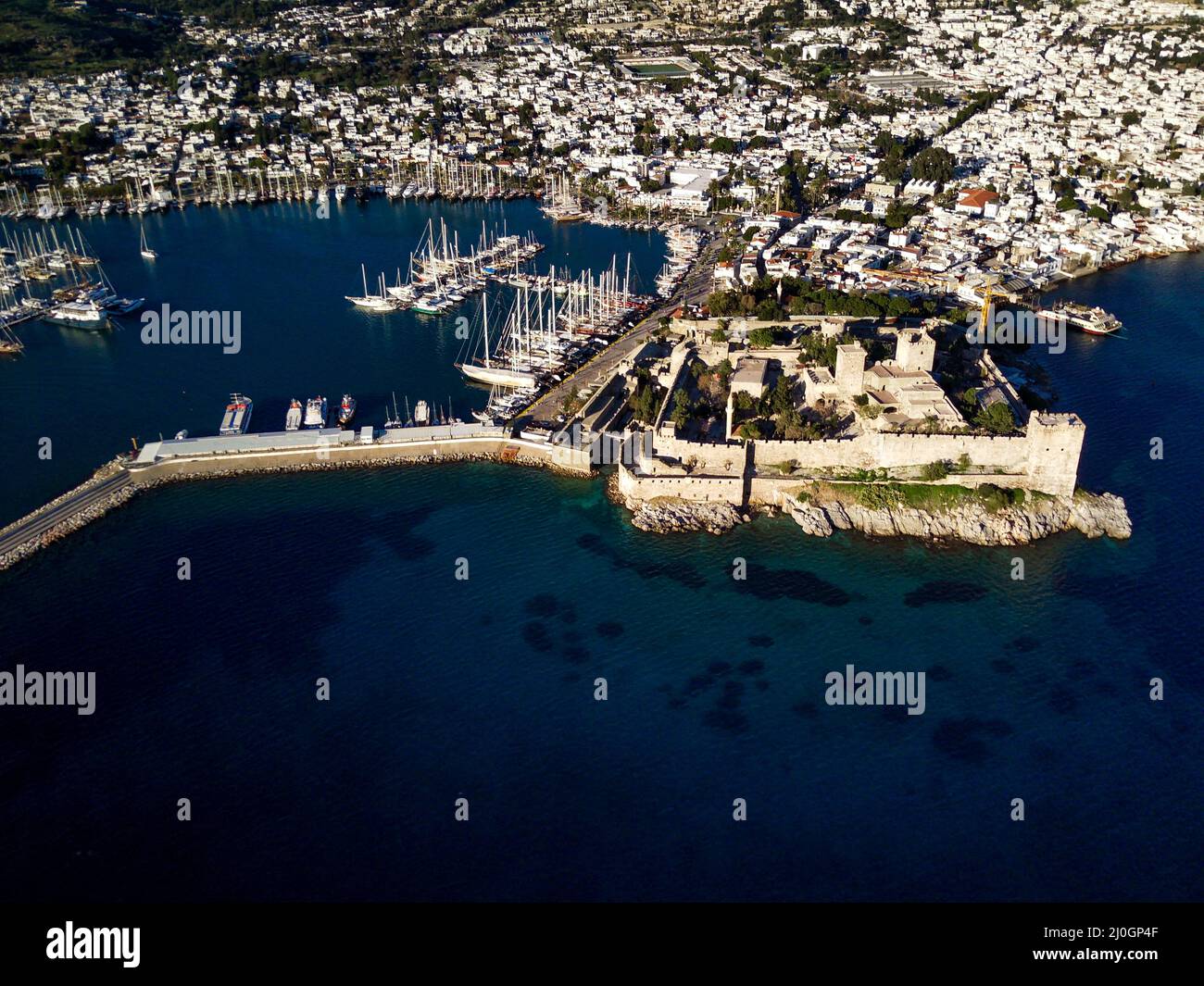 Amazing panoramic view from drone of Bodrum harbour and ancient Kalesi ...