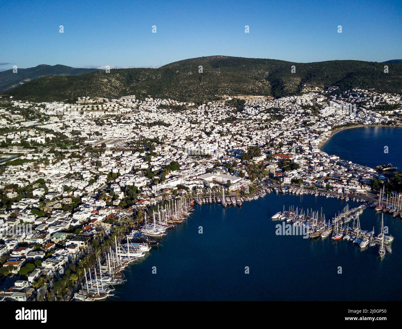 Amazing panoramic view from drone of Bodrum harbour and ancient Kalesi ...