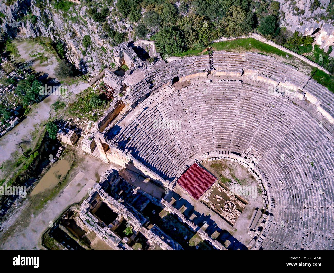 High angle drone aerial view of ancient greek rock cut lykian empire ...