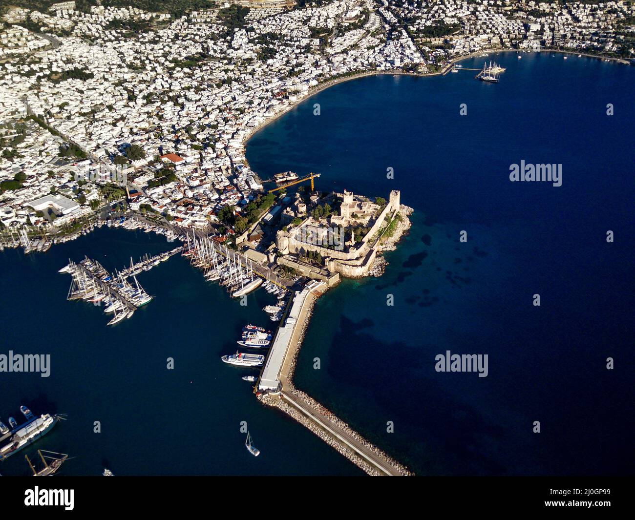 Amazing panoramic view from drone of Bodrum harbour and ancient Kalesi ...