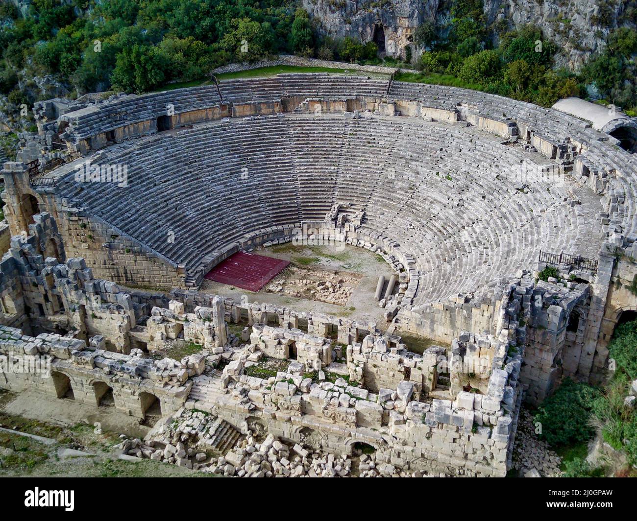 High angle drone aerial view of ancient greek rock cut lykian empire ...