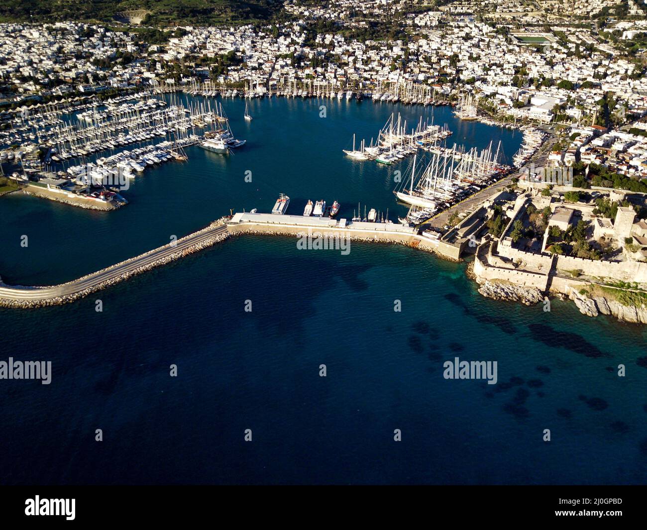 Amazing panoramic view from drone of Bodrum harbour and ancient Kalesi ...