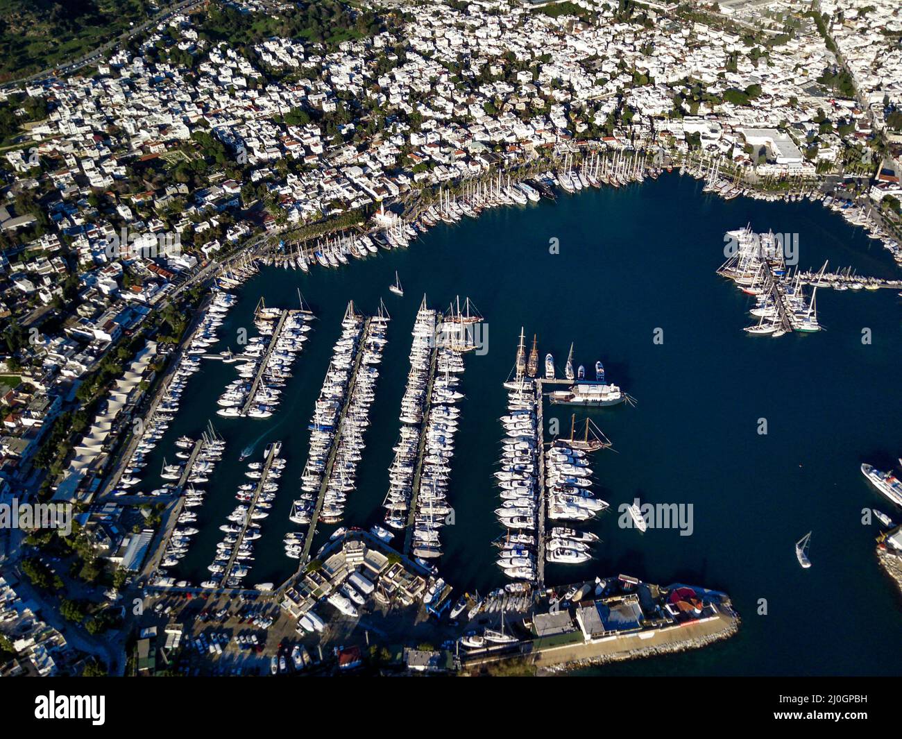 Amazing panoramic view from drone of Bodrum harbour and ancient Kalesi ...
