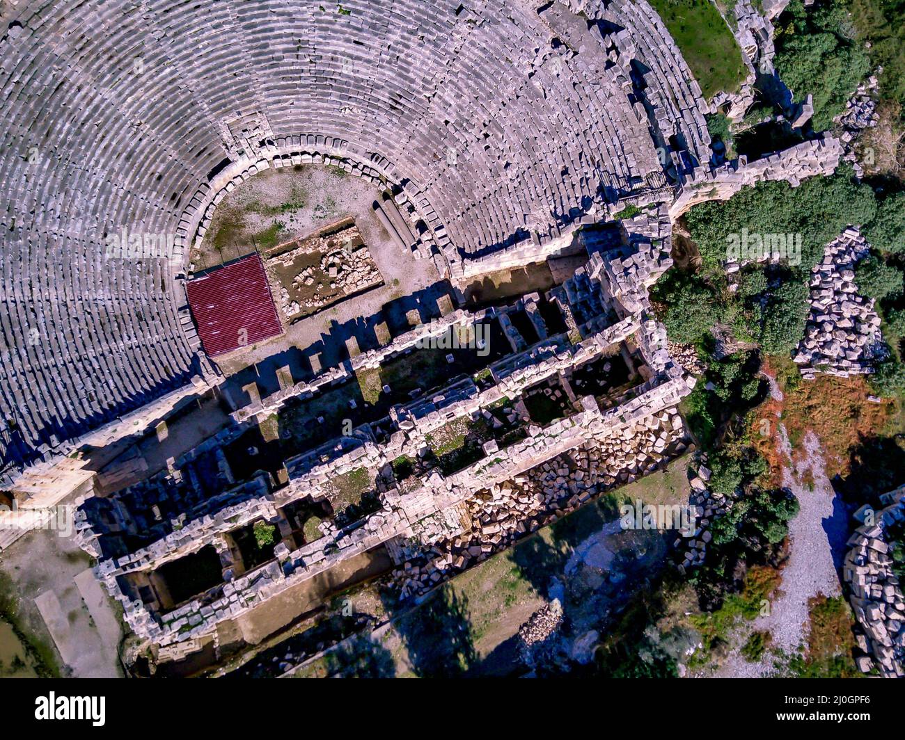 High angle drone aerial view of ancient greek rock cut lykian empire ...