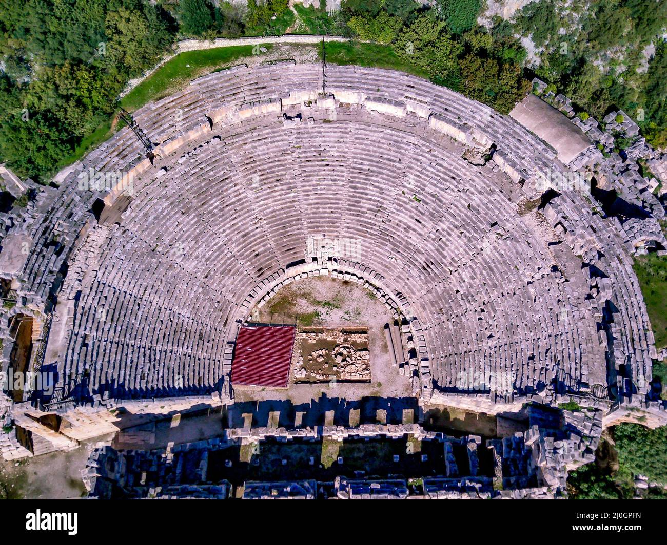 High angle drone aerial view of ancient greek rock cut lykian empire ...