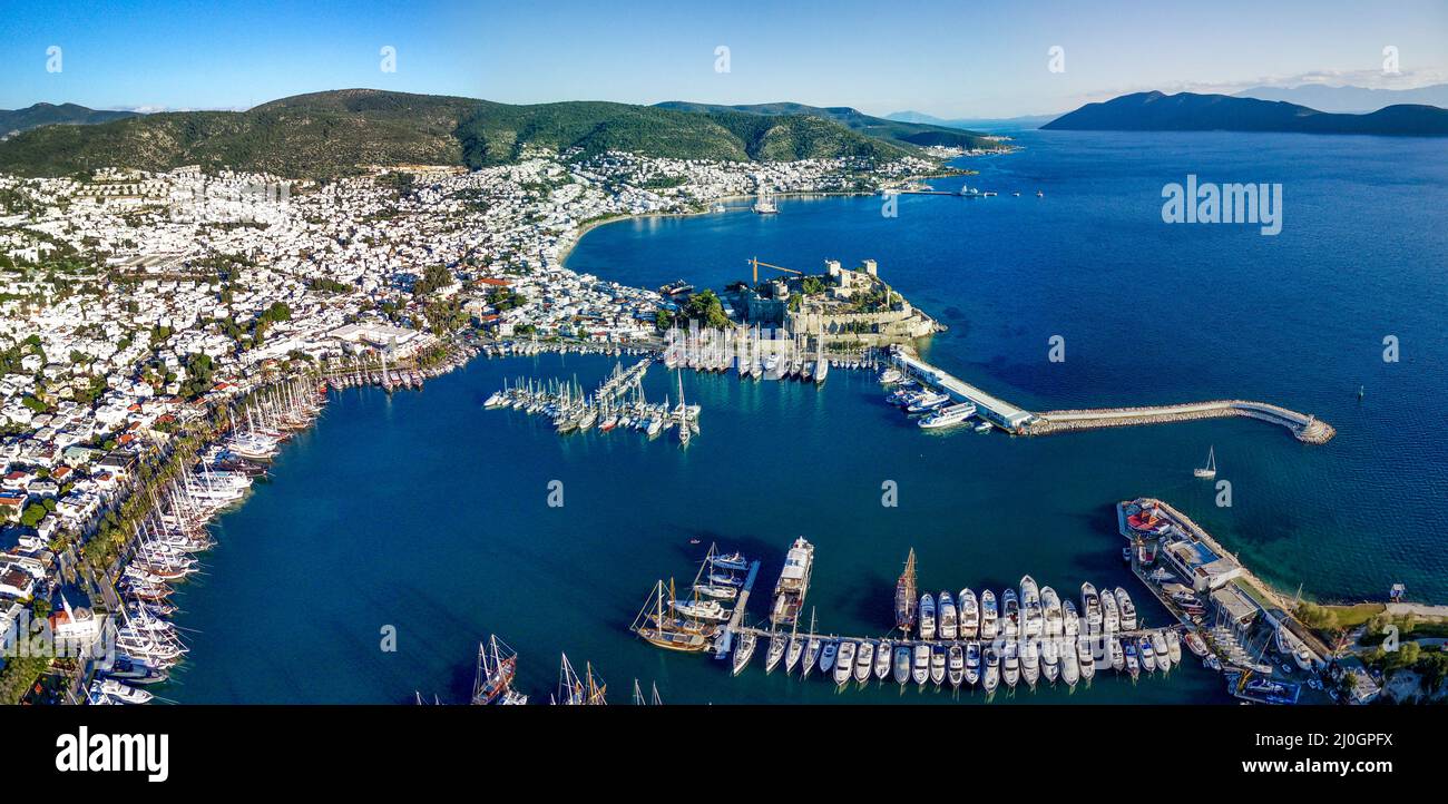 Amazing panoramic view from drone of Bodrum harbour and ancient Kalesi ...