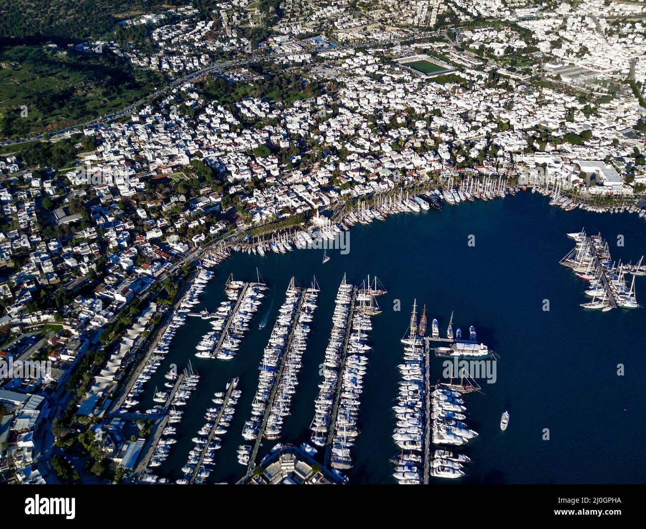 Amazing panoramic view from drone of Bodrum harbour and ancient Kalesi ...