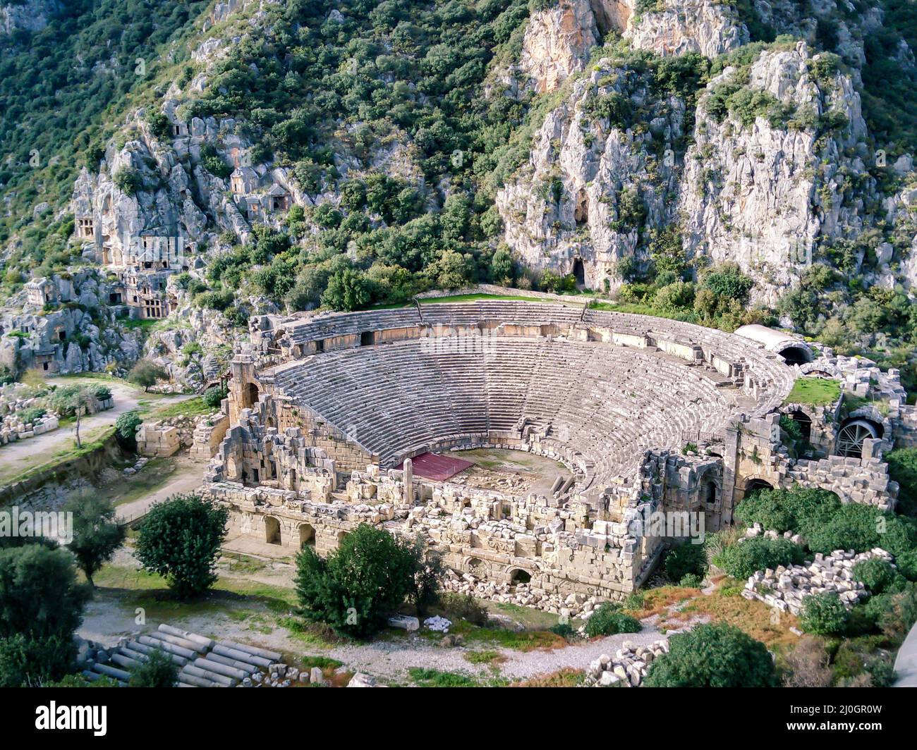 High angle drone aerial view of ancient greek rock cut lykian empire ...