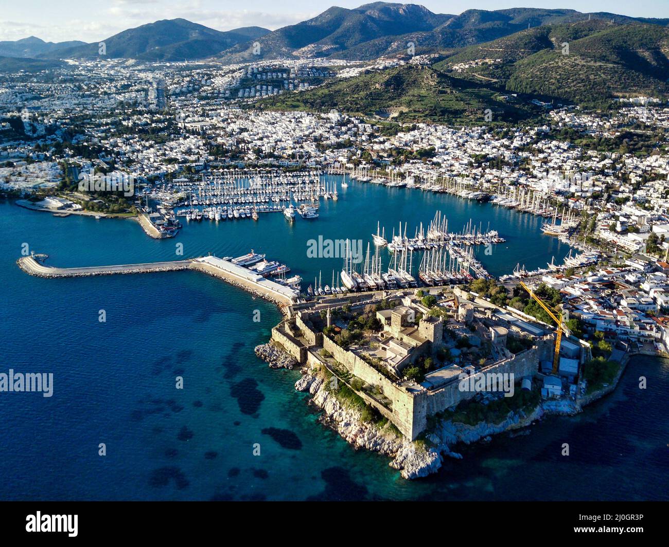 Amazing panoramic view from drone of Bodrum harbour and ancient Kalesi ...