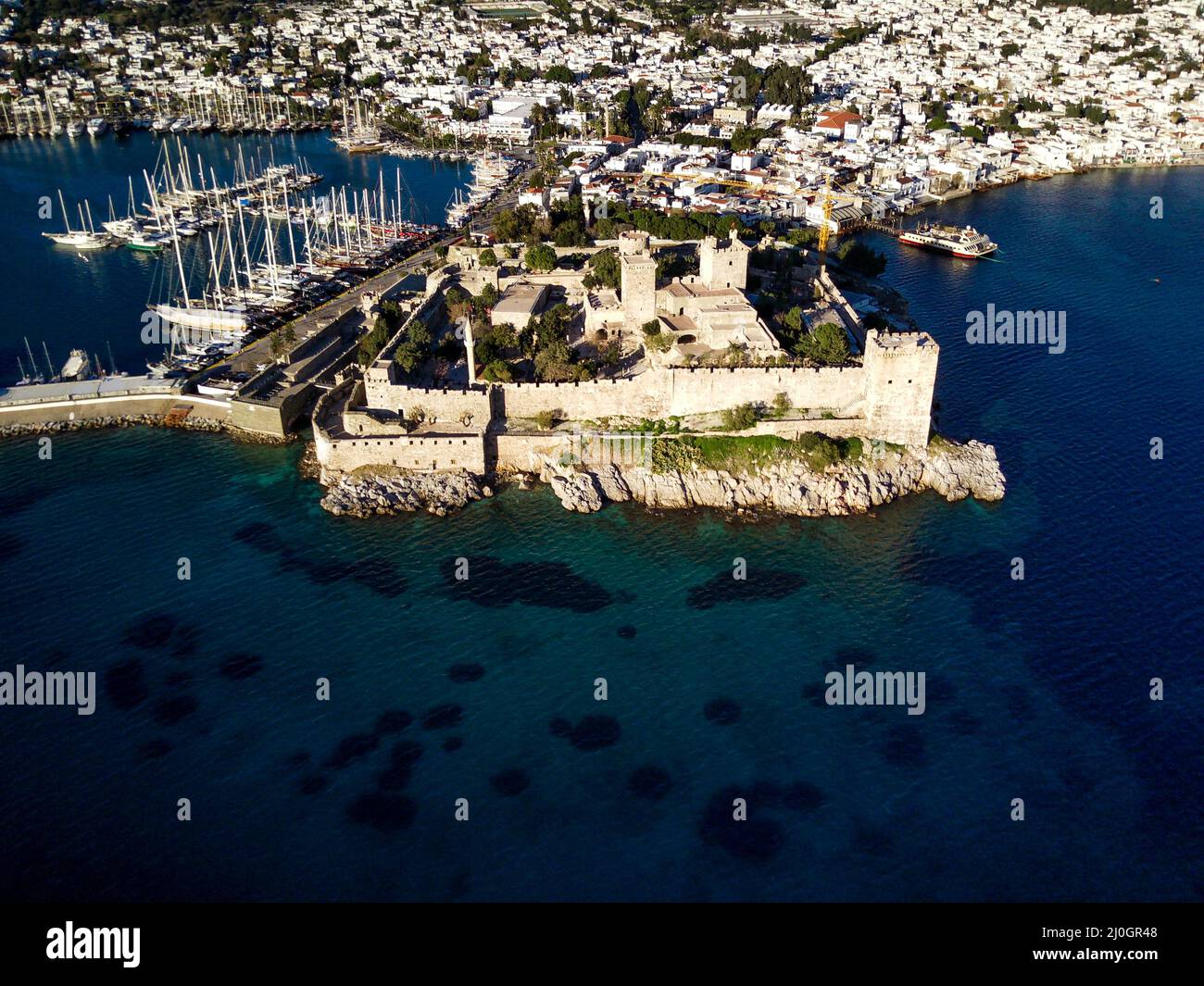 Amazing panoramic view from drone of Bodrum harbour and ancient Kalesi ...