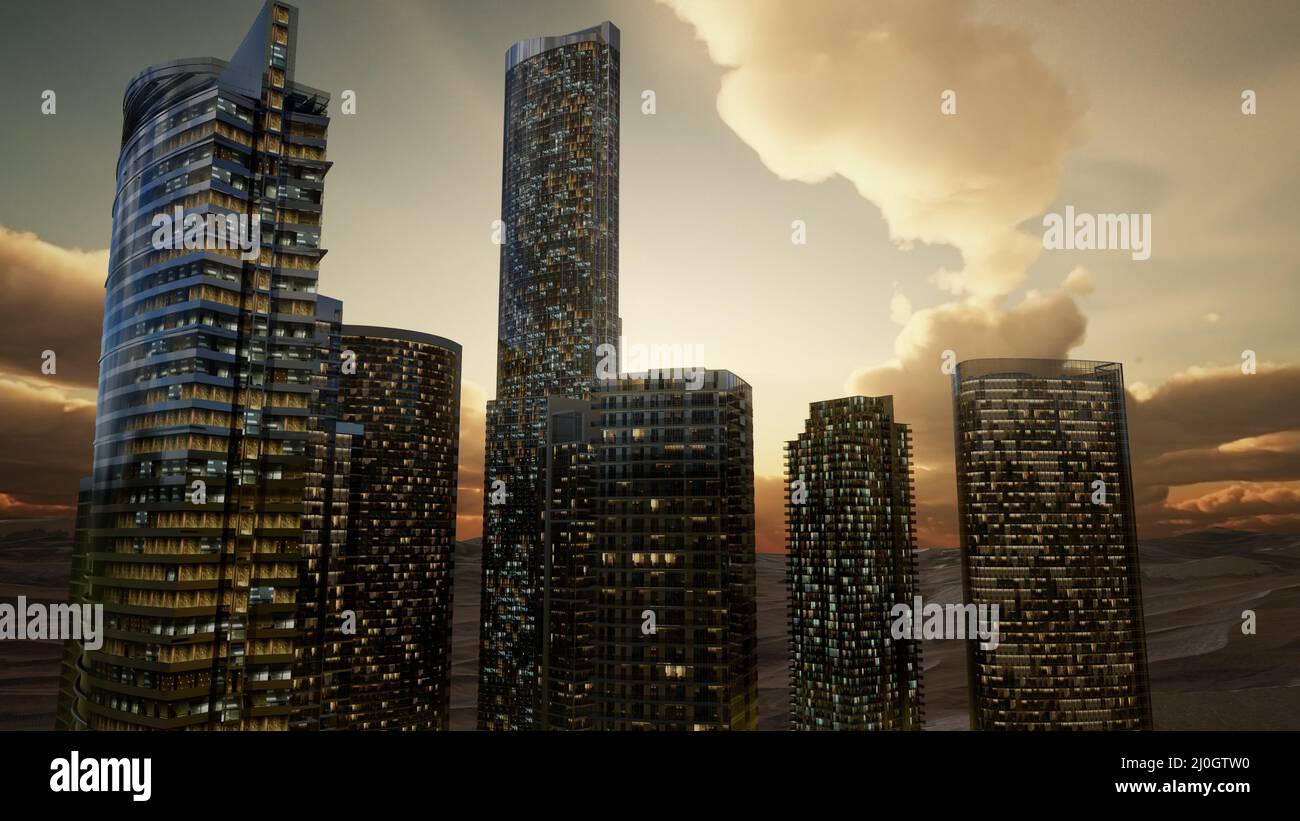 City Skyscrapers at Sunset in Desert Stock Photo - Alamy