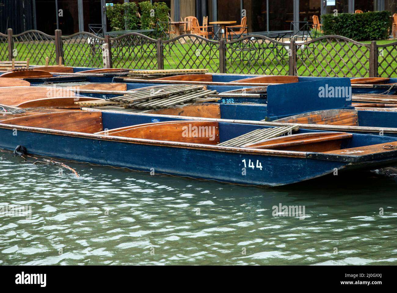 Punt flat bottom river wooden boats on river Cam waters in Cambridge ...
