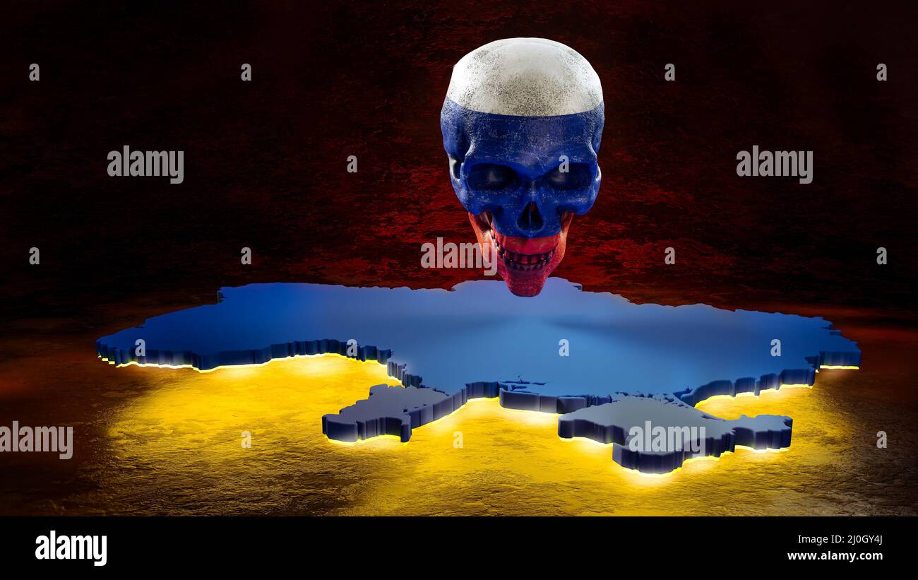 3D render of skull with russian flag hanging over map of Ukraine ...
