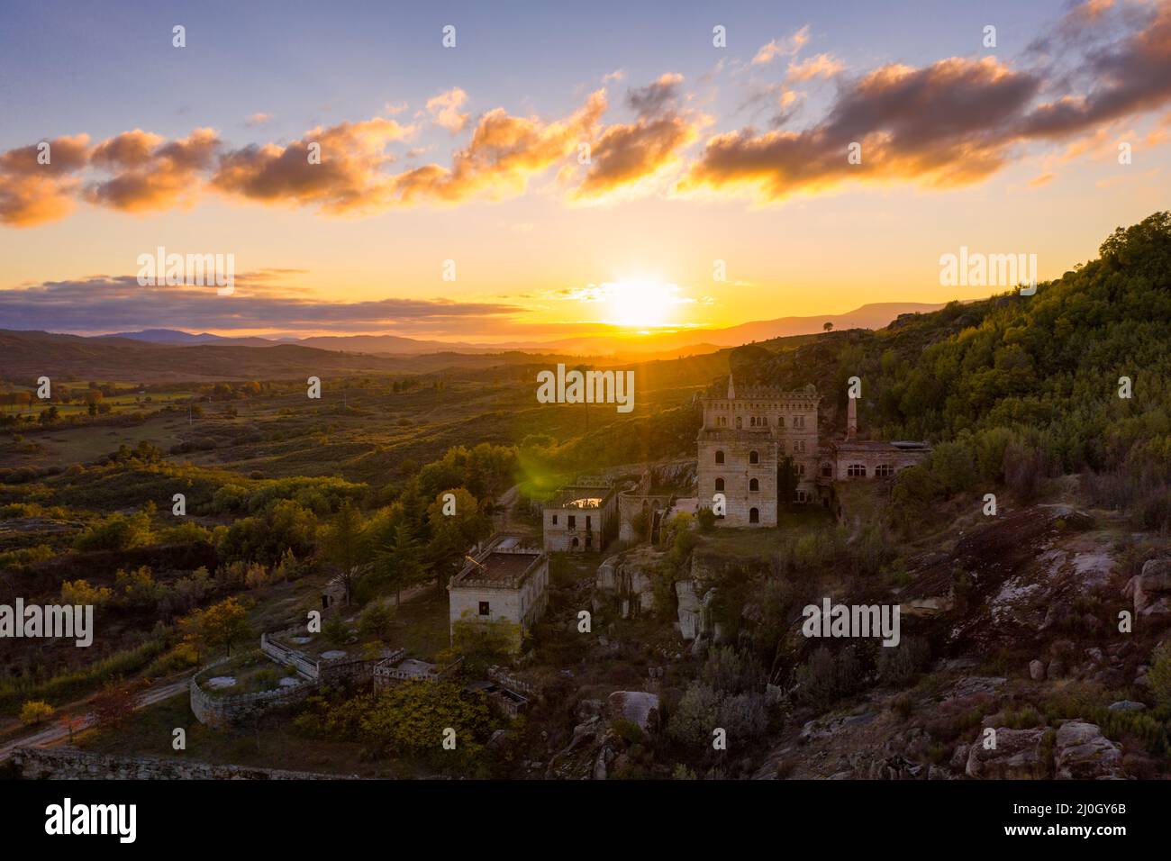 Drone aerial panorama of Termas Radium Hotel Serra da Pena at sunset in ...