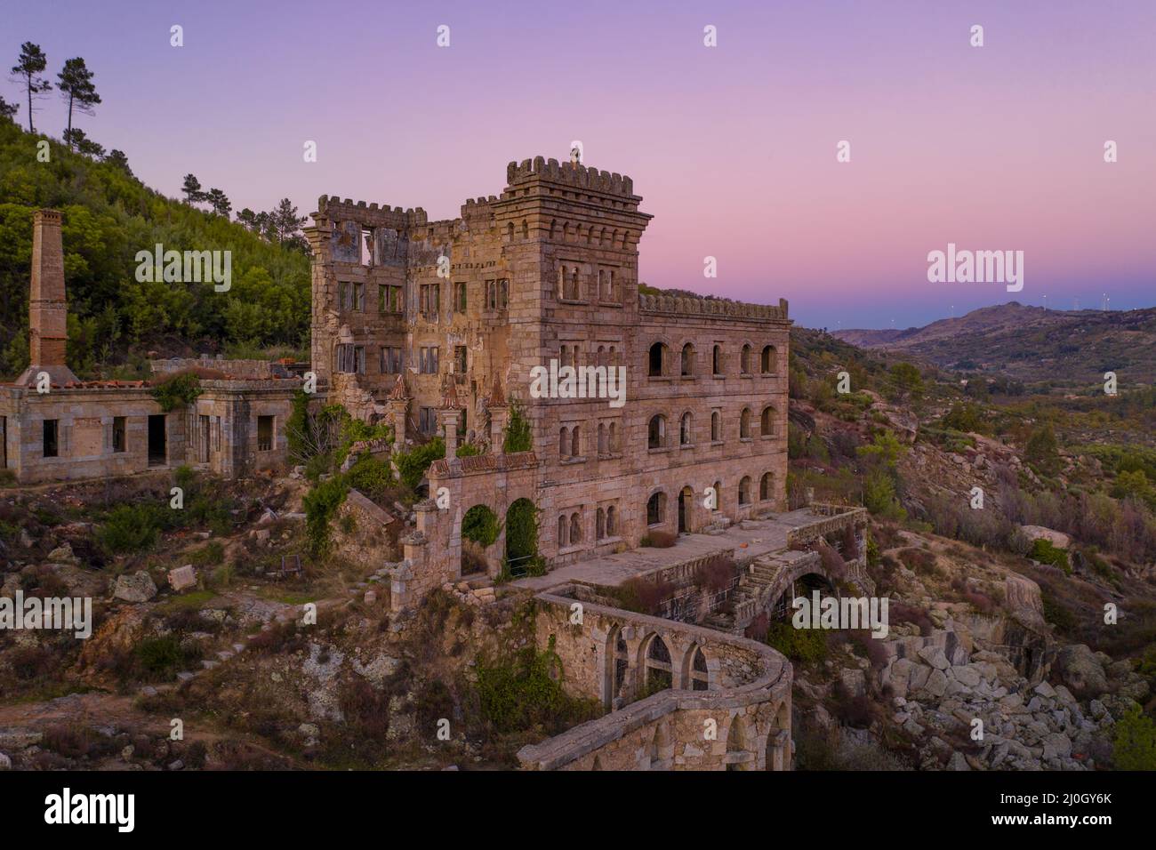 Drone aerial panorama of Termas Radium Hotel Serra da Pena at sunset in ...