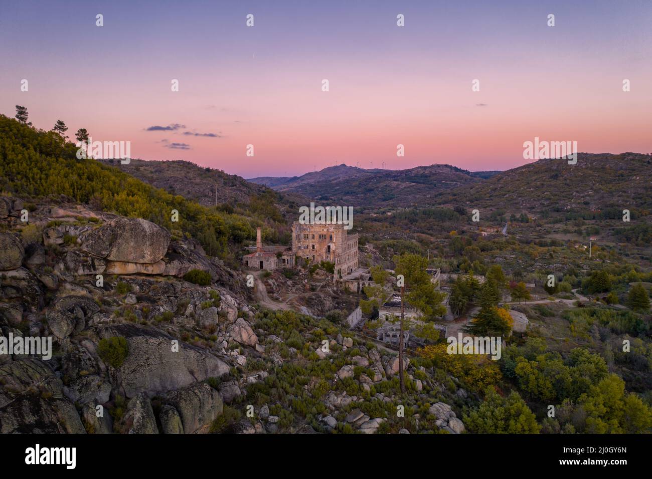 Drone aerial panorama of Termas Radium Hotel Serra da Pena at sunset in ...