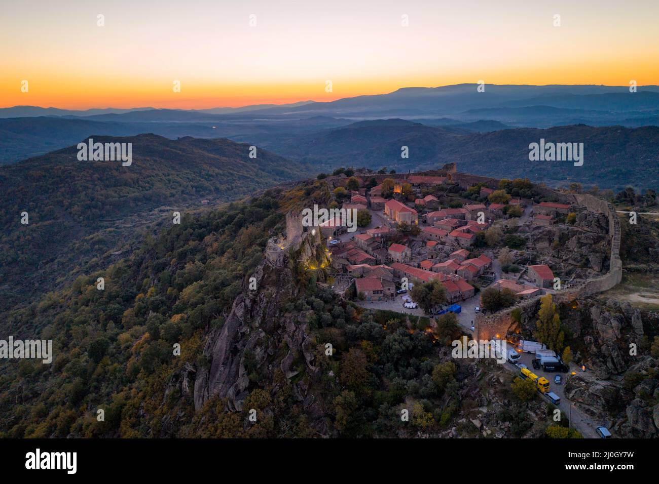 Drone aerial panorama of Sortelha historic village at sunset with ...
